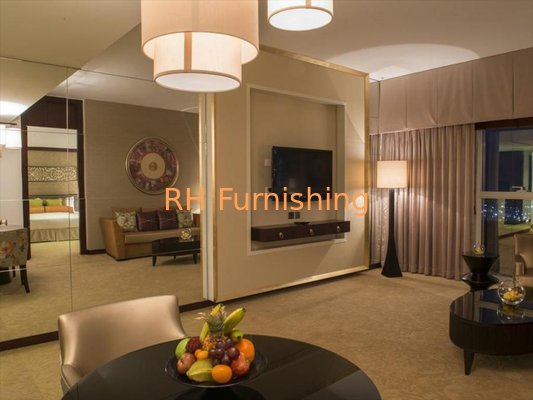Preah Vihear furniture factory for Hotel rooms made Leather headboard bed and Wood table desk with Chairs supplier