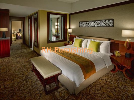 Preah Vihear furniture factory for Hotel rooms made Leather headboard bed and Wood table desk with Chairs supplier