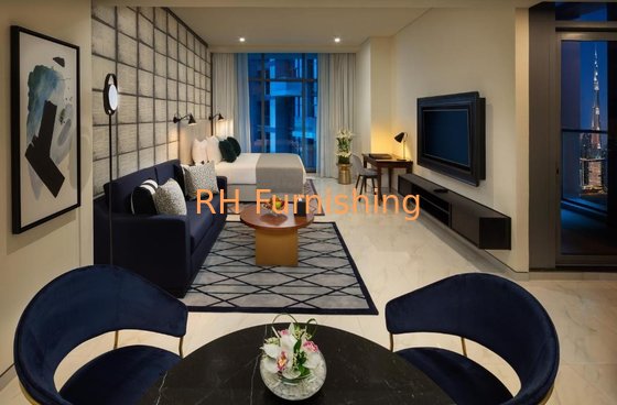 Siem Reap Bedroom furniture supplier hotel guestroom of Fabric upholstered Bed and wood tables with dining chair supplier