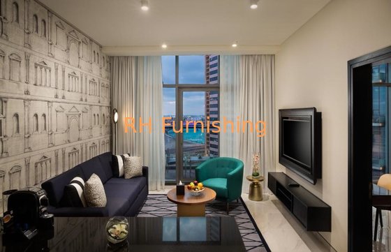 Siem Reap Bedroom furniture supplier hotel guestroom of Fabric upholstered Bed and wood tables with dining chair supplier