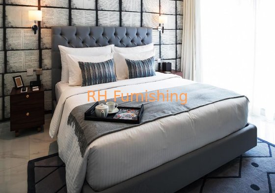 Siem Reap Bedroom furniture supplier hotel guestroom of Fabric upholstered Bed and wood tables with dining chair supplier