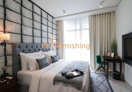 Siem Reap Bedroom furniture supplier hotel guestroom of Fabric upholstered Bed and wood tables with dining chair supplier