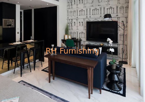Siem Reap Bedroom furniture supplier hotel guestroom of Fabric upholstered Bed and wood tables with dining chair supplier