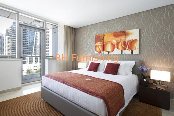 Takeo furniture factory do hotel bedroom furniture fabric bed with wood headboard and Lounge chairs supplier