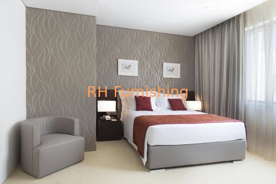 Takeo furniture factory do hotel bedroom furniture fabric bed with wood headboard and Lounge chairs supplier