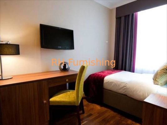 Hotel room furniture manufactuer for Singapore hotel interior designer made HPL laminate wood bed with Dresser tables supplier