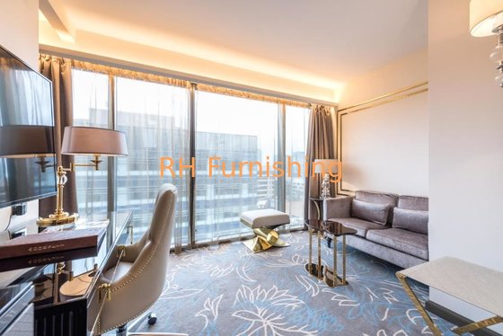 Melaka light luxury hotel room design of guestroom furniture by Stainless steel leather headboard bed with fashion table supplier