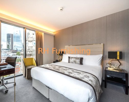Melaka light luxury hotel room design of guestroom furniture by Stainless steel leather headboard bed with fashion table supplier