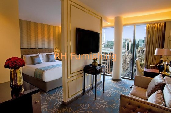 Melaka light luxury hotel room design of guestroom furniture by Stainless steel leather headboard bed with fashion table supplier