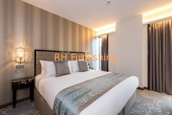 Melaka light luxury hotel room design of guestroom furniture by Stainless steel leather headboard bed with fashion table supplier