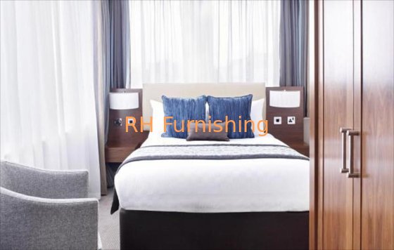 Pahang guestroom hotel furniture factory for fabric padded bed and tall TV cabinet with sofa chairs supplier