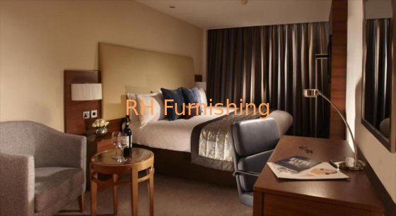 Pahang guestroom hotel furniture factory for fabric padded bed and tall TV cabinet with sofa chairs supplier