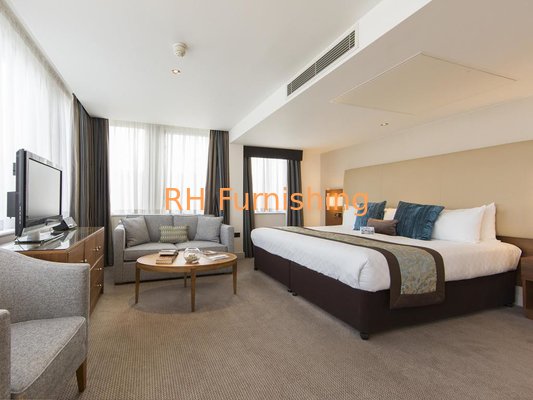 Pahang guestroom hotel furniture factory for fabric padded bed and tall TV cabinet with sofa chairs supplier