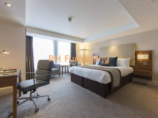 Pahang guestroom hotel furniture factory for fabric padded bed and tall TV cabinet with sofa chairs supplier