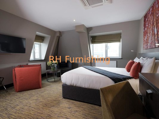 Putrajaya modern hotel fashion furniture bedroom sets used HPL laminate bed with desk table and in wall wardrobe cabinet supplier