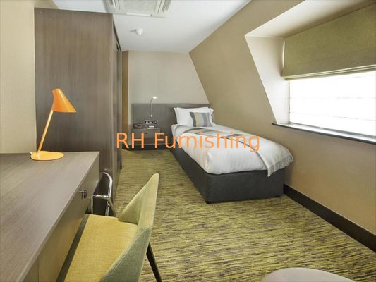 Putrajaya modern hotel fashion furniture bedroom sets used HPL laminate bed with desk table and in wall wardrobe cabinet supplier