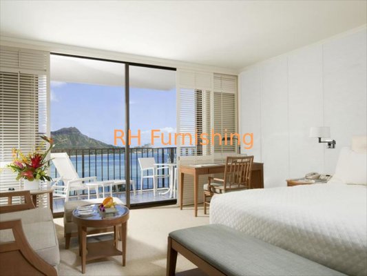Chiang Rai teak wood furniture factory for hotel interior furniture of Upholstery fabric bed and Writing desk with chair supplier