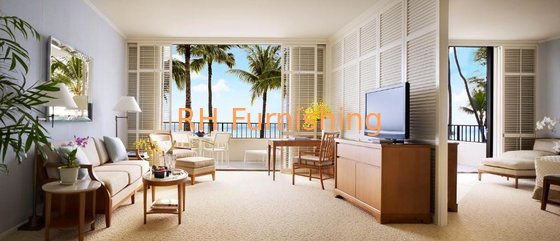 Chiang Rai teak wood furniture factory for hotel interior furniture of Upholstery fabric bed and Writing desk with chair supplier