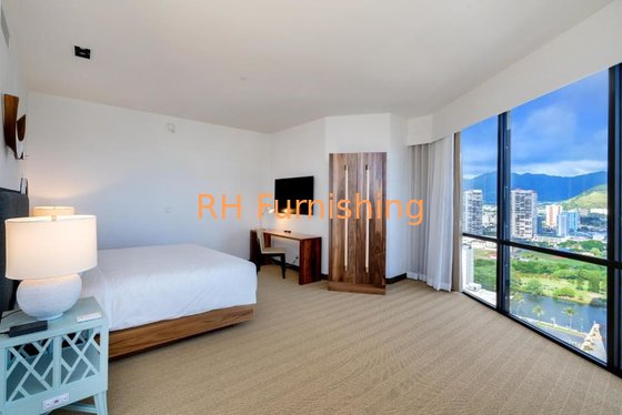 Hua Hin Tourist Resort Hotel room furniture made wood structure with fabric bed and chaise lounge sofa TV stand supplier