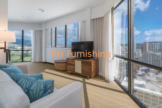 Hua Hin Tourist Resort Hotel room furniture made wood structure with fabric bed and chaise lounge sofa TV stand supplier