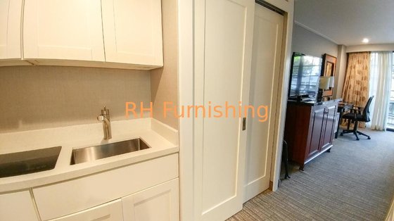 Mukdahan hotel style apartment furniture cherry wood bed with TV cabinet tables and in wall wardrobe closet supplier