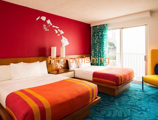 Trat province hotel double beds room by Laminate wood headboard bed with nightstand and Metal legs lounge chairs supplier