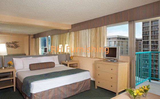 Daerah Istimewa Yogyakarta apartment hotel room furniture of Fabric soft bed with wood nightstand and Leisure sofa table supplier