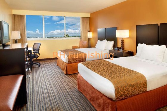 Jogja hotel interior design of guestroom furniture wood panel headboard and Drawer of TV cabinet with leisure chair supplier