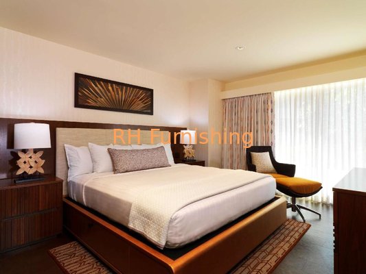 Bandung holiday hotel bedroom suite furniture of fabric pad headboard with in wall wardrobe closet and hotel sofa supplier