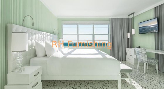 New Guinea hotel style apartment interior design furniture bedroom upholstered headboard bed with glossy white table set supplier