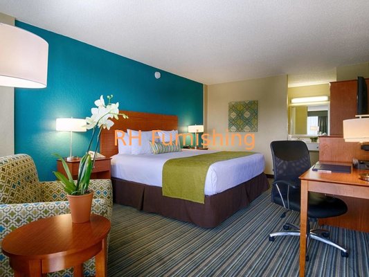 Sulawesi Celebes american style hotel room furniture by Cherry wood headboard Bed with Tall cabinet for TV and wood desk supplier