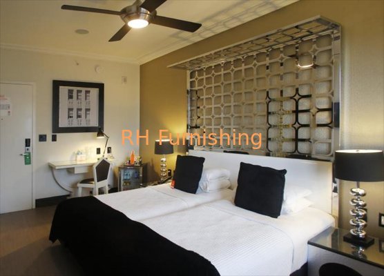 Timor-Leste Light luxury hotel furniture of Stainless steel headboard bed with leather pad and Leisure chairs with table supplier
