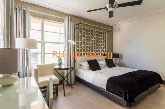 Timor-Leste Light luxury hotel furniture of Stainless steel headboard bed with leather pad and Leisure chairs with table supplier