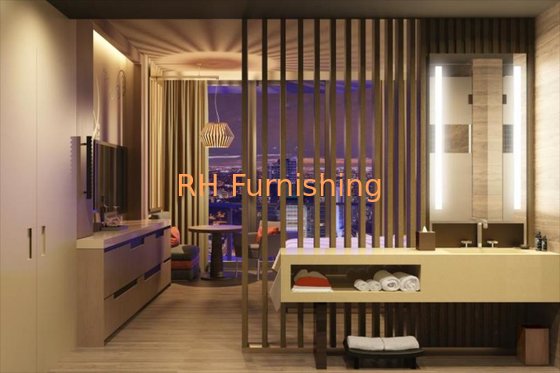 Thành Phố Huế hotel chinese style guestroom furniture of Walnut wood headboard bed with Screen panel and Leather chair supplier