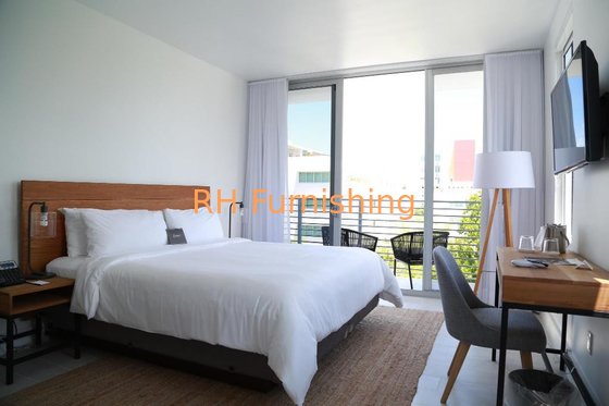 Phu Quoc Island travel vacation hotel guestroom oak wood bed with Nightstand and writing desk table wardrobe supplier
