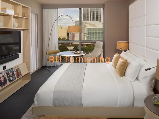 Mui Ne cheap hotel interior design furniture for sale from China factory Laminate wood bed with Leather upholstered pad supplier