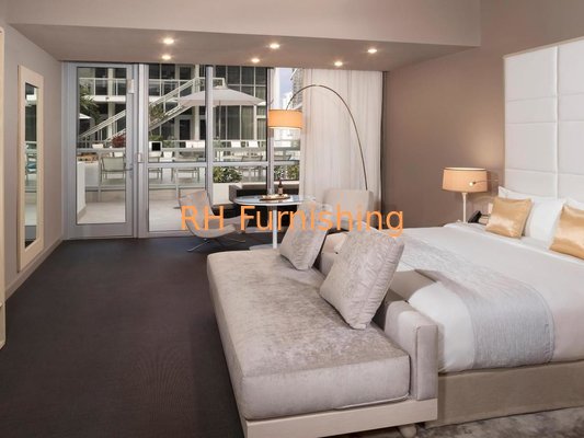 Mui Ne cheap hotel interior design furniture for sale from China factory Laminate wood bed with Leather upholstered pad supplier