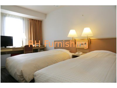 Lae standard twin room hotel furniture of wood headboard bed with long combine desk table and fabric chairs supplier
