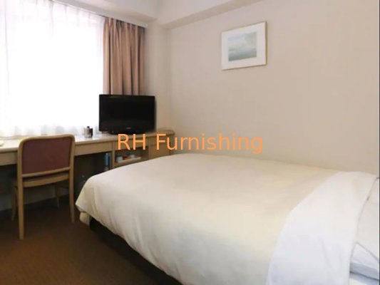 Lae standard twin room hotel furniture of wood headboard bed with long combine desk table and fabric chairs supplier