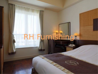 Melanesia luxury vacation holiday hotel bedroom furniture set of wood bed with desk table and custom wardrobe cabinet supplier