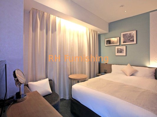 Micronesia small hotel inner design of furniture by wood bed with TV cabinet and loveseat sofa chaise supplier