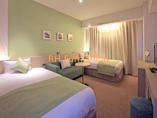 Micronesia small hotel inner design of furniture by wood bed with TV cabinet and loveseat sofa chaise supplier