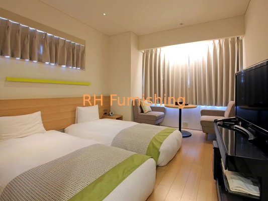 Micronesia small hotel inner design of furniture by wood bed with TV cabinet and loveseat sofa chaise supplier