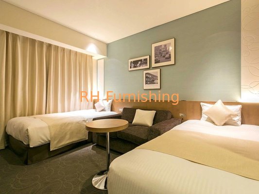 Micronesia small hotel inner design of furniture by wood bed with TV cabinet and loveseat sofa chaise supplier