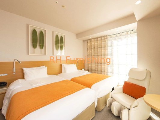Tonga hotel interior design of custom furniture laminate wood headboard bed with massage chair and in wall cabinet desk supplier