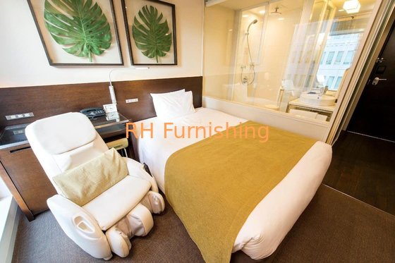 Tonga hotel interior design of custom furniture laminate wood headboard bed with massage chair and in wall cabinet desk supplier