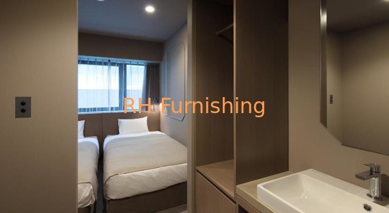 Adelaide hotel fitout furniture of laminate panel headboard with Tv cabinet and upholstered seating sofa supplier