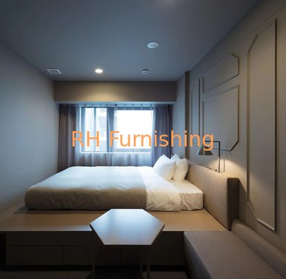 Adelaide hotel fitout furniture of laminate panel headboard with Tv cabinet and upholstered seating sofa supplier
