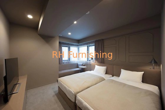 Adelaide hotel fitout furniture of laminate panel headboard with Tv cabinet and upholstered seating sofa supplier