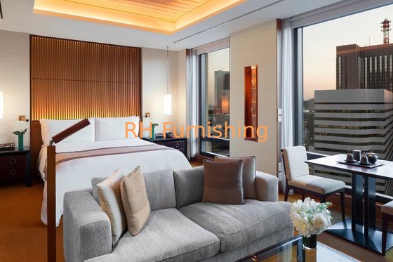 Australia luxury hotel interior design of furniture supplier from China by teak wood bed with upholstered pad and sofa supplier